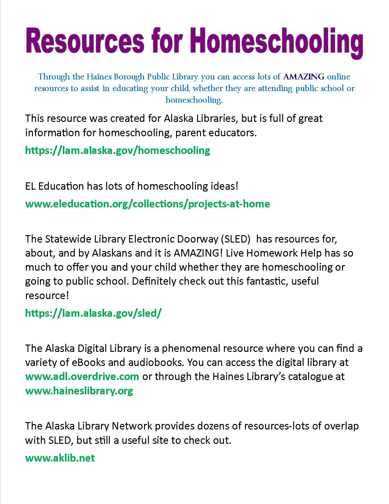 Homeschooling Resources - Haines Borough Public Library